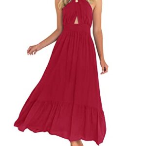 ZESICA Women's 2023 Summer Crossover Halter Neck Sleeveless Plaid Cut Out Backless Flowy A Line Maxi Dress,Red,Medium