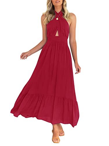 ZESICA Women's 2023 Summer Crossover Halter Neck Sleeveless Plaid Cut Out Backless Flowy A Line Maxi Dress,Red,Medium