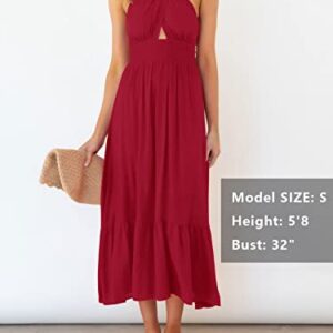 ZESICA Women's 2023 Summer Crossover Halter Neck Sleeveless Plaid Cut Out Backless Flowy A Line Maxi Dress,Red,Medium