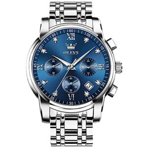 men's diamond watches blue dial roman numerals chronograph watches for men stainless steel band fashion luminous hands multi-function quartz watches water resistant silver tone men watch with date