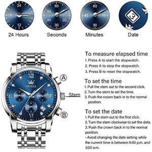 Men's Diamond Watches Blue Dial Roman numerals Chronograph Watches for Men Stainless Steel Band Fashion Luminous Hands Multi-Function Quartz Watches Water Resistant Silver Tone Men Watch with Date