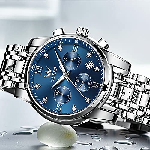 Men's Diamond Watches Blue Dial Roman numerals Chronograph Watches for Men Stainless Steel Band Fashion Luminous Hands Multi-Function Quartz Watches Water Resistant Silver Tone Men Watch with Date