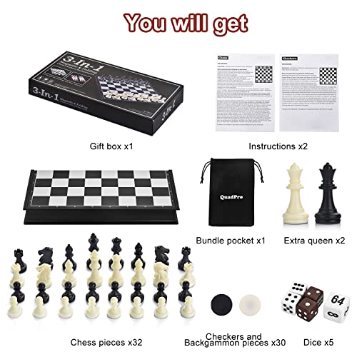 QuadPro 3 in 1 Magnetic Chess Checkers Backgammon Board Game Set with Folding Board Travel Games for Kids and Adults (Chess: Black & White)