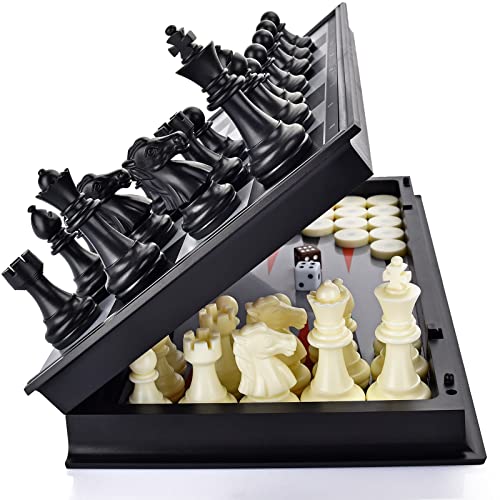 QuadPro 3 in 1 Magnetic Chess Checkers Backgammon Board Game Set with Folding Board Travel Games for Kids and Adults (Chess: Black & White)