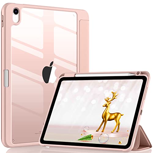 Wenlaty Case Compatible with iPad Air 5th Generation (2022) / 4th (2020) 10.9 Inch Pencil Holder, for 5/4 Case, Slim Smart Cover Clear Back Shell, Rose Pink