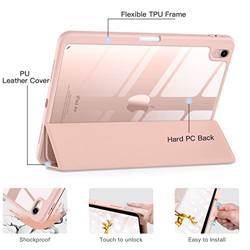 Wenlaty Case Compatible with iPad Air 5th Generation (2022) / 4th (2020) 10.9 Inch Pencil Holder, for 5/4 Case, Slim Smart Cover Clear Back Shell, Rose Pink