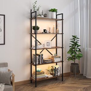 vlsrka 5 tier bookshelf with 3 led lights, industrial bookshelf tall bookshelf vintage etagere bookshelf modern bookcases storage organizer open display shelves for living room bedroom home kitchen