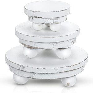 3 pieces wood risers for decor wood pedestal mini riser stand round wooden riser rustic farmhouse riser for decor tiered tray decor riser for home kitchen (washed white, 5/4/3 inch)