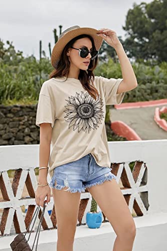 ORANDESIGNE Women’s Casual Graphic Print Short Sleeve Tunic Tops Round Neck Tee Oversized Sunflower T Shirts