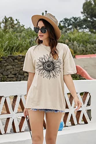 ORANDESIGNE Women’s Casual Graphic Print Short Sleeve Tunic Tops Round Neck Tee Oversized Sunflower T Shirts