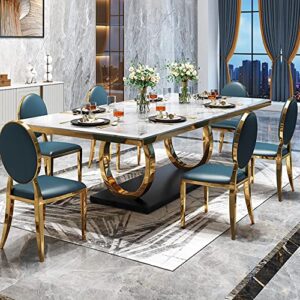 litfad modern style marble table with white table and gold trestle base rectangle shape dining table and chairs for 6 restaurant table set - 55.1" l x 31.5" w x 29.5" h table with 6 chairs