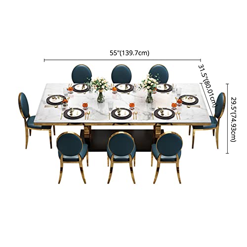 LITFAD Modern Style Marble Table with White Table and Gold Trestle Base Rectangle Shape Dining Table and Chairs for 6 Restaurant Table Set - 55.1" L x 31.5" W x 29.5" H Table with 6 Chairs