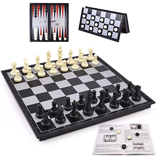 Oumoda 12.5" 3 in 1 Magnetic Kids Chess Set w/Folding Case Chess Board - Plastic Chess Checkers Backgammon Sets for Scholastic Classroom Beginner, Portable Travel Educational Learning Toys Gifts