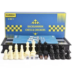 Oumoda 12.5" 3 in 1 Magnetic Kids Chess Set w/Folding Case Chess Board - Plastic Chess Checkers Backgammon Sets for Scholastic Classroom Beginner, Portable Travel Educational Learning Toys Gifts