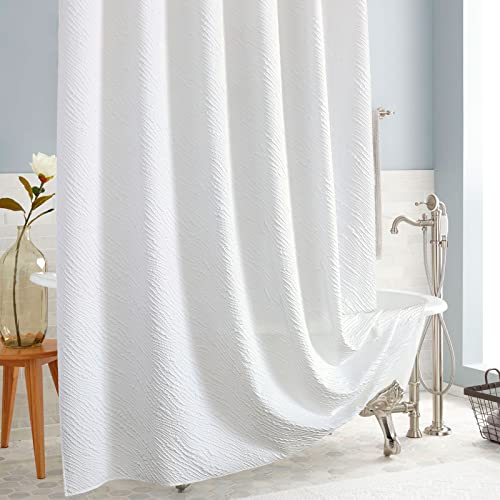 MitoVilla White Modern Fabric Shower Curtain, Farmhouse Waves Cloth Shower Curtains for Neutral Hotel Bathroom Decor, 3D Geometric Embossed Textured, Durable & Wrinkle Resistant, 72 x 72