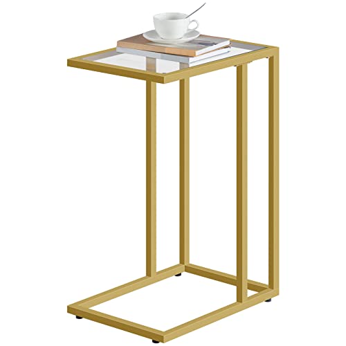 HOOBRO C Shaped End Table Set of 2, Tempered Glass Snack Side Table with Metal Frame, TV Tray Table for Small Space, Sofa Couch and Bed, Modern Style, Gold GD03SFP201