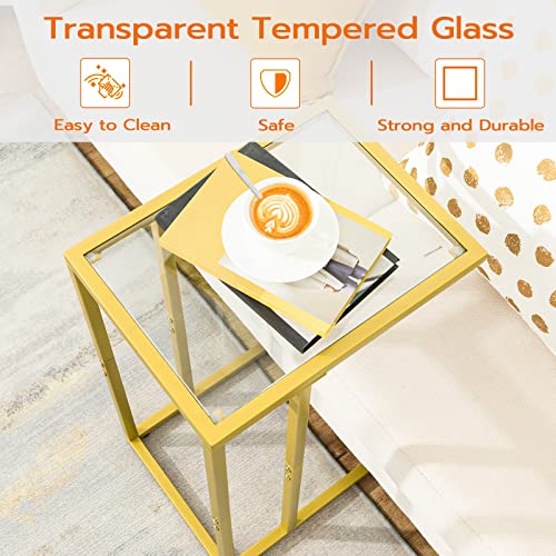 HOOBRO C Shaped End Table Set of 2, Tempered Glass Snack Side Table with Metal Frame, TV Tray Table for Small Space, Sofa Couch and Bed, Modern Style, Gold GD03SFP201