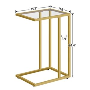 HOOBRO C Shaped End Table Set of 2, Tempered Glass Snack Side Table with Metal Frame, TV Tray Table for Small Space, Sofa Couch and Bed, Modern Style, Gold GD03SFP201