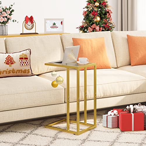 HOOBRO C Shaped End Table Set of 2, Tempered Glass Snack Side Table with Metal Frame, TV Tray Table for Small Space, Sofa Couch and Bed, Modern Style, Gold GD03SFP201