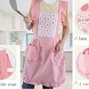 Cute Retro Apron Vintage Ruffle Kitchen Cooking Apron with Pockets for Women Pink