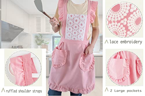 Cute Retro Apron Vintage Ruffle Kitchen Cooking Apron with Pockets for Women Pink