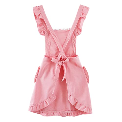 Cute Retro Apron Vintage Ruffle Kitchen Cooking Apron with Pockets for Women Pink