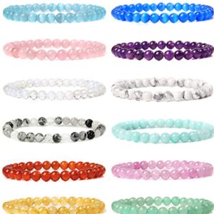 SONNYX 12Pcs Gemstone 6mm Semi Precious Round Beaded Bracelet Set For Women Men Healing Crystal Stretch Energy Stone Bead Bracelets Jewelry