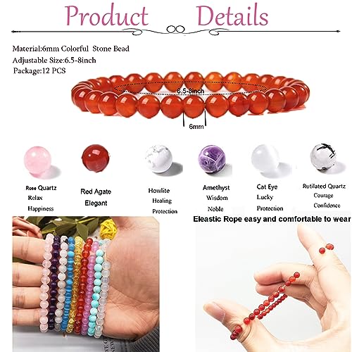 SONNYX 12Pcs Gemstone 6mm Semi Precious Round Beaded Bracelet Set For Women Men Healing Crystal Stretch Energy Stone Bead Bracelets Jewelry