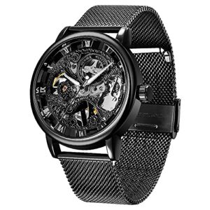 whodoit mesh strap design watch hand-wind mechanical stainless steel case skeleton watch watch for men