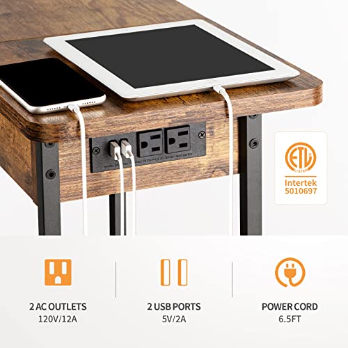 End Table with Charging Station, Narrow Side Table with USB Ports and Outlets, Flip Top Nightstand / Bedside Table / Sofa Couch Table for Small Spaces / Slim End Table for Living Room Bedroom Office