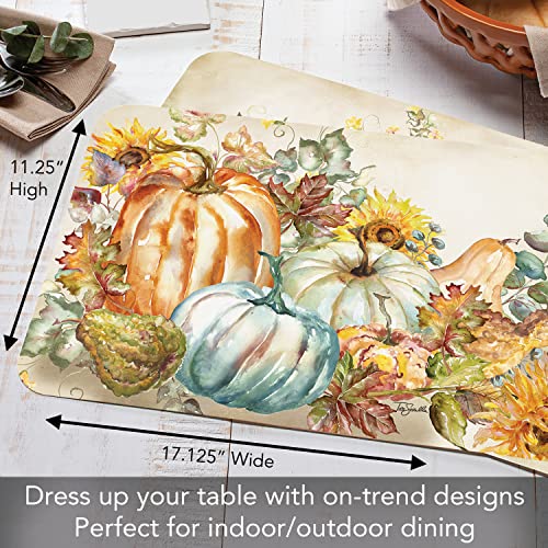 CounterArt Harvest Pumpkins & Sunflowers 4 Pack Reversible Easy Care Flexible Plastic Placemats Made in The USA BPA Free PVC Free Easily Wipes Clean