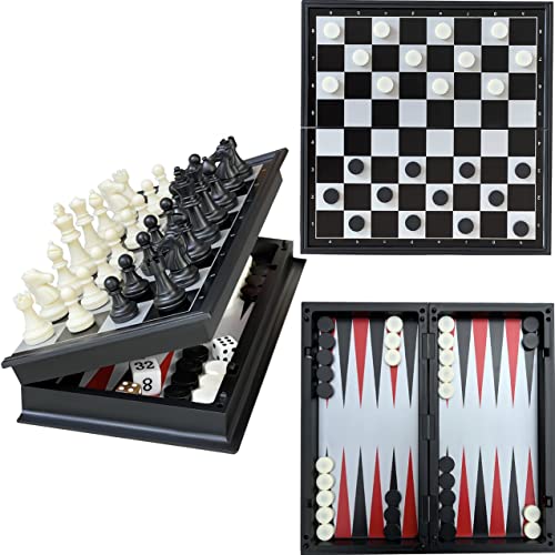 Leksak Games 10'' Magnetic Chess Checkers Backgammon Set 3 in 1 - Travel Board Games Portable Case Folding Board - Beginner Chess Set for Kids and Adults - 30 Checkers Pieces