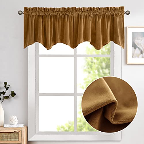 Lazzzy Gold Velvet Valance Blackout Thermal Insulated Scalloped Valance Small Short Wave-Shaped Window Curtain for Bedroom Living Room 18 Inch Curtain Valance Rod Pocket 1 Panel Gold Brown