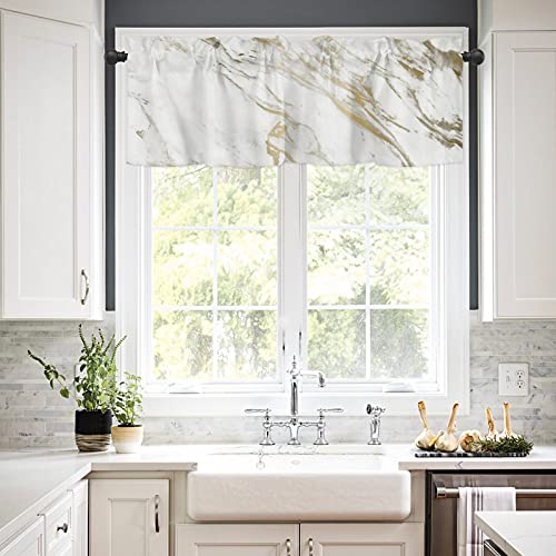 Kitchen Valances for Windows Marble Home Decor Rod Pocket Valance Curtain Topper for Bedroom Living Room Laundry 54x18 in White and Gold Texture Modern Abstract Ombre