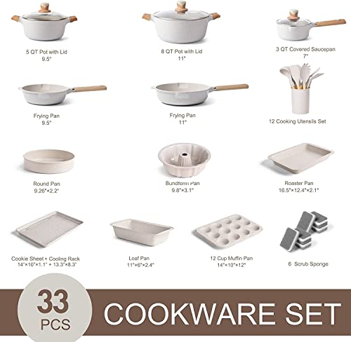 Pots and Pans Set - Nonstick Kitchen Cookware + Bakeware Set Granite Kitchenware Set, Induction Cookware Sets with Frying Pan Stockpot Saucepan Basket Cookie Sheet and Baking Pans for Cooking Gift