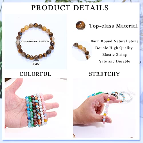 JeryWe 12 Pcs 8mm Beaded Bracelets for Women Men Natural Stone Stackable Bracelet Charm Beaded Healing Crystal Stretch Bracelets Jewelry