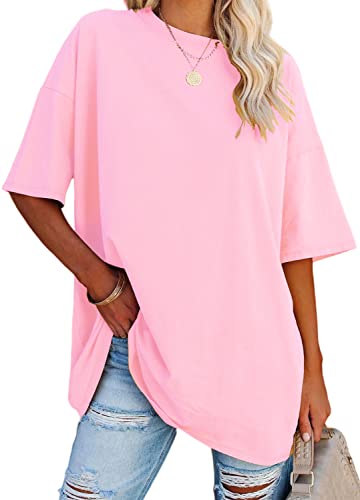 YEXIPO Women's Oversized T Shirts Summer Short Sleeve Loose Fit Casual Crewneck Plain Tunic Tops Pink