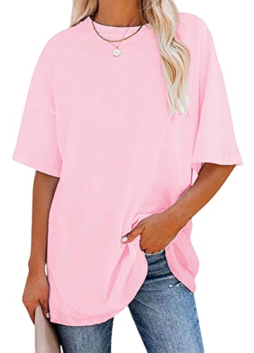 YEXIPO Women's Oversized T Shirts Summer Short Sleeve Loose Fit Casual Crewneck Plain Tunic Tops Pink