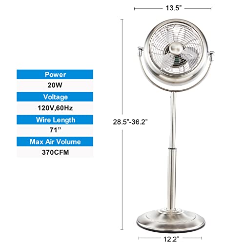 Mros Circulator Fan, Metal Stand up Pedestal Fan,Quite Silence Fan,3-Speed and Adjustable in Height for office, home, bedroom and living room especially ideal for ladies and babies(Brushed Nickel)