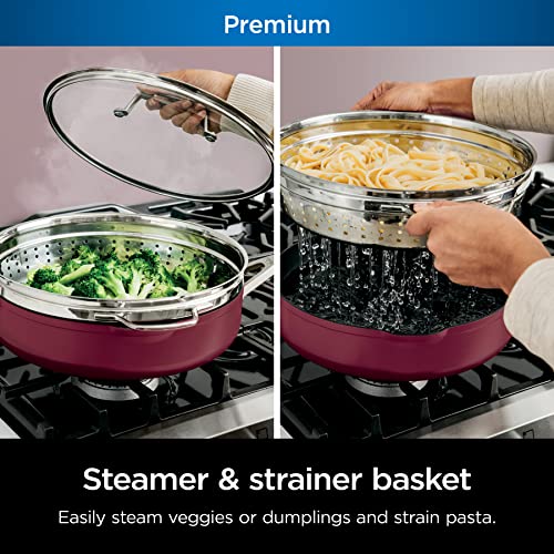 Ninja CW102RD Foodi NeverStick PossiblePan, Premium Set with 4-Quart Capacity Pan, Steamer/Strainer Basket, Glass Lid & Integrated Spatula, Nonstick, Durable & Oven Safe to 500°F, Cherry Tart