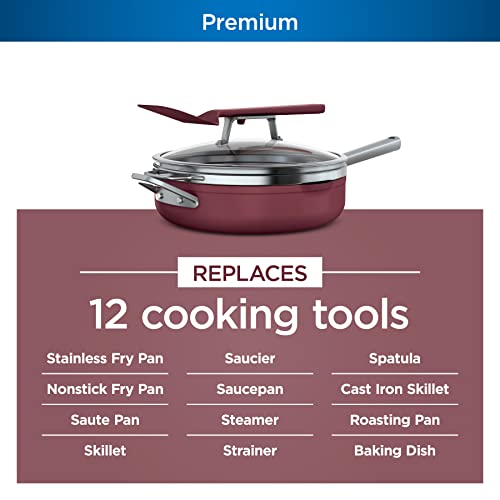 Ninja CW102RD Foodi NeverStick PossiblePan, Premium Set with 4-Quart Capacity Pan, Steamer/Strainer Basket, Glass Lid & Integrated Spatula, Nonstick, Durable & Oven Safe to 500°F, Cherry Tart