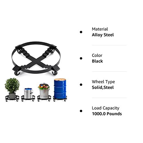 Multi Purpose Drum Dolly 55 Gallon and 30 Gallon 24 Inch Plant Stand with Wheels Swivel Casters Wheel Steel Frame Dolly Non Tipping Hand Truck Capacity 1000 Pound Barrel Dollies Black