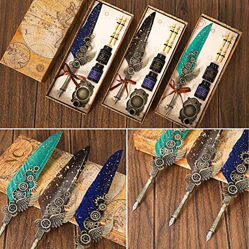 NC Feather Calligraphy Pen Set, Including 2 Bottles of Ink and 4 Replaceable Nibs, 1 Mechanical Quill Pen, 1 Pen Holder, Calligraphy Pen for Writing, Writing Letters, Signing Invitations Etc(Blue)