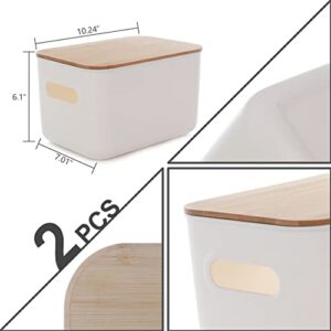 Citylife 2 Packs Plastic Storage Bins with Bamboo lids Stackable Storage Containers for Organizing, Bundled with Labels and Marker 10.24 x 7.01 x 6.1 inch