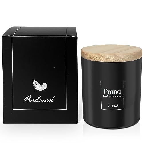 Relaxd Premium Sandalwood & Musk Scented Natural Soy Wax Candle (Prana), Large, Long Lasting Aromatherapy Essential Oil Candles