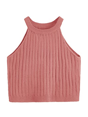 SweatyRocks Women's Knit Crop Top Ribbed Sleeveless Halter Neck Vest Tank Top Watermelon Pink M