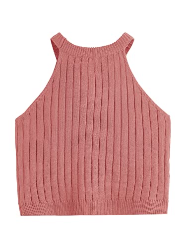 SweatyRocks Women's Knit Crop Top Ribbed Sleeveless Halter Neck Vest Tank Top Watermelon Pink M