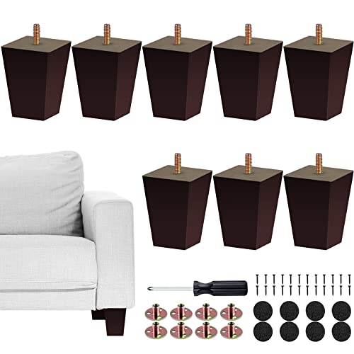 TURSTIN Set of 8 Furniture Legs 3 Inch Square Solid Wood Couch Legs Replacement Sofa Legs Mid Century Furniture Feet for Armchair Bed Dresser Cabinet Include Installation Hardware, Brown