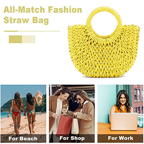 QTKJ Mini Semi-circle Rattan Straw Handbags, Hand-woven Women Summer Retro Straw Tote Bag Shoulder Bag Crossbody Bag Round Handle Beach Handbags (Yellow)