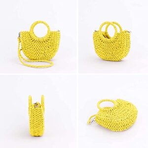 QTKJ Mini Semi-circle Rattan Straw Handbags, Hand-woven Women Summer Retro Straw Tote Bag Shoulder Bag Crossbody Bag Round Handle Beach Handbags (Yellow)